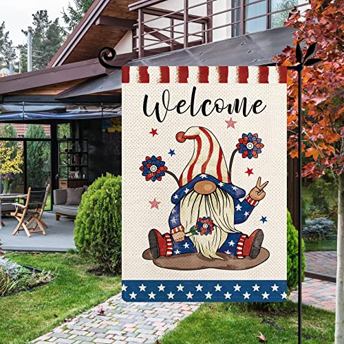 YOVOYOA Patriotic Gnomes Welcome Garden Flag, 12.5 x 18 Inch Double Sided American Star and Strip Floral Welcome Yard Flag, 4th of July USA Burlap Vertical Flag for Lawn Patio Decor