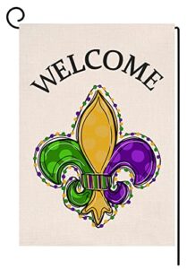 sambosk mardi gras fleur de lis small garden flag vertical double sided burlap welcome spring farmhouse yard outdoor decoration 12 x 18 inches