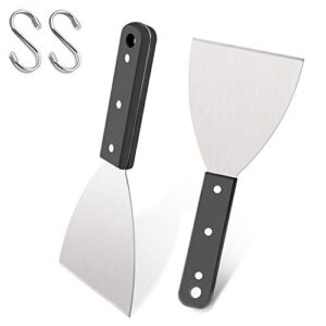 grill griddle scraper set of 2, leonyo stainless steel metal grill scraper tool for flat top teppanyaki bbq, versatile scraper for dough pancake pizza home baking cooking, slant edge & dishwasher safe