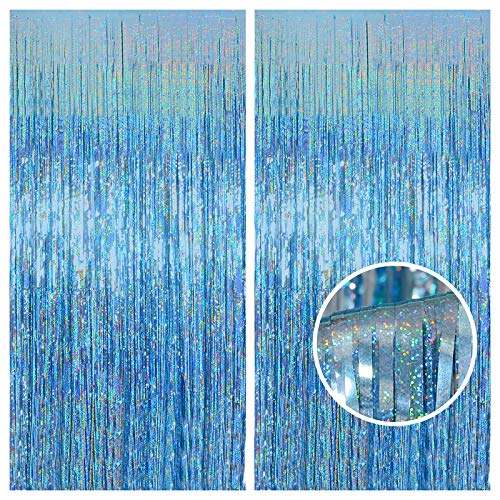 Melsan 2 Pack 3.2 ft x 8.2 ft Tinsel Foil Fringe Curtains Backdrop, Sparkle Metallic Foil Curtains for Party Photo Booth Props Decoration, Light Blue