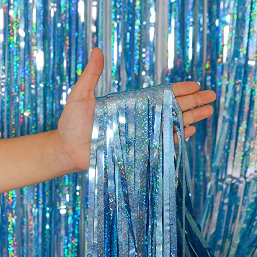 Melsan 2 Pack 3.2 ft x 8.2 ft Tinsel Foil Fringe Curtains Backdrop, Sparkle Metallic Foil Curtains for Party Photo Booth Props Decoration, Light Blue