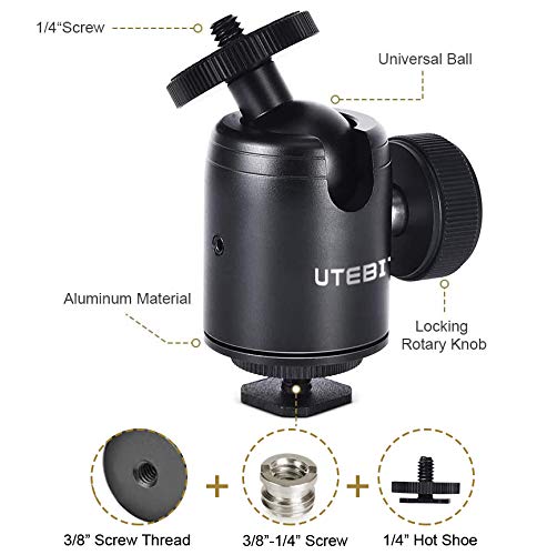 UTEBIT 2 Pack DSLR Camera Tripod Ball Head with Hot Shoe Mount Adapter 360° Panoramic Mini Ball Head 1/4" Screw Thread Compatible for Vive Flash Light