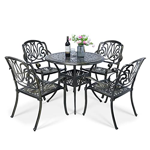 VIVIJASON 5-Piece Outdoor Patio Dining Set, All-Weather Cast Aluminum Conversation Set, Patio Furniture Set for Balcony Lawn Garden Backyard, Include 4 Chairs, a 35.4 inch Round Table w/Umbrella Hole