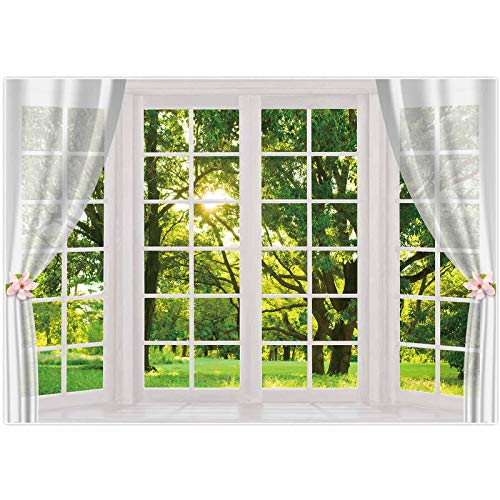 Allenjoy 7x5ft Spring Window Scenery Photography Backdrop White Windowsill Floral Green Forest Natural Photocall Background Party Banner Wall Decor Newborn Baby Kids Family Photo Shoot Booth Props