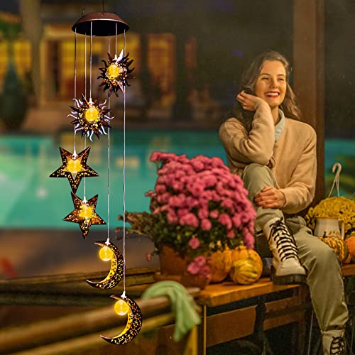 Solar Wind Chimes for Outside Sun Moon Star Hanging Decor Outdoor Memorial Sympathy Wind Chimes for Garden Patio Balcony Birthday Women Mom Grandmom Gifts from Daughter