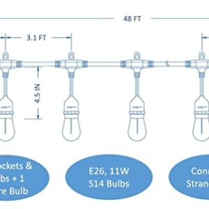 SFEG E26 Outdoor String Lights - 11W Warm White Incandescent Edison Bulb String Lights for Outside & Indoor - Dimmable Hanging Decorative Lights for Patio, Backyard, Garden, Porch, Wedding - 48-ft.