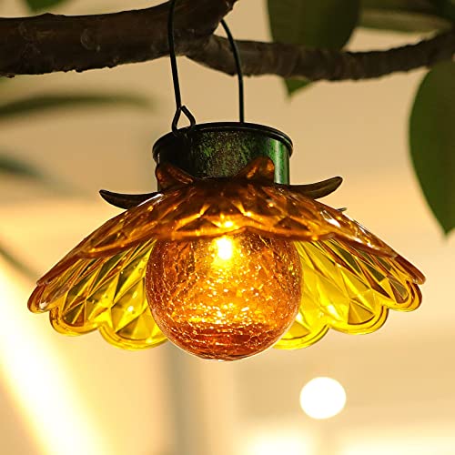 Hanging Outdoor Solar Lights,Amber Crackle Globe Glass, LED Waterproof Solar Lantern Hanging Flower Lights for Yard Suitable for Lawn,Patio,Walkway,Outdoor Garden Decoration Courtyard,1 Pack