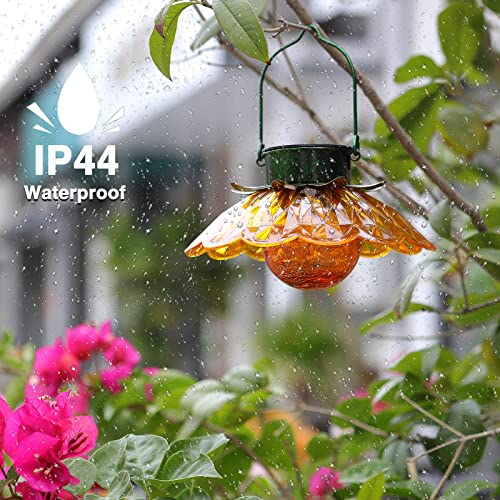 Hanging Outdoor Solar Lights,Amber Crackle Globe Glass, LED Waterproof Solar Lantern Hanging Flower Lights for Yard Suitable for Lawn,Patio,Walkway,Outdoor Garden Decoration Courtyard,1 Pack