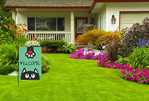 HOSNYE Welcome Black Cartoon Cat Burlap Garden Flag Double Sided Black Cat Paw Print with Red Hearts Garden Flags 12x18 inch for Yard Outdoor Decor