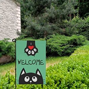 HOSNYE Welcome Black Cartoon Cat Burlap Garden Flag Double Sided Black Cat Paw Print with Red Hearts Garden Flags 12x18 inch for Yard Outdoor Decor