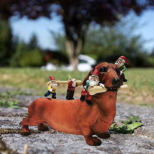 Dog Eating Bones Gnome Dwarf Statues Decoration,Funny and Cute Dachshund Dog Gnome Sculpture Art Décor,Resin Statue Garden Gardening Decorations for Outdoor Home Patio Yard Lawn Porch (Brown)