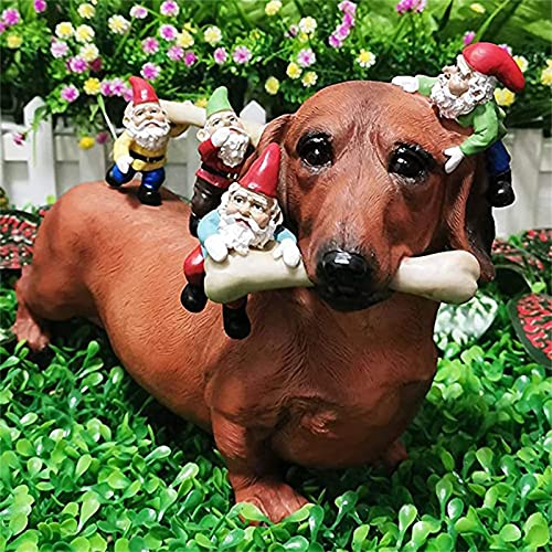 Dog Eating Bones Gnome Dwarf Statues Decoration,Funny and Cute Dachshund Dog Gnome Sculpture Art Décor,Resin Statue Garden Gardening Decorations for Outdoor Home Patio Yard Lawn Porch (Brown)