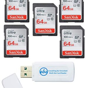 SanDisk 64GB SD Ultra Memory Card (5 Pack) UHS-I Class 10 SD Memory Card (SDSDUNR-064G-GN6IN) Bundle with (1) Everything But Stromboli Combo Card Reader