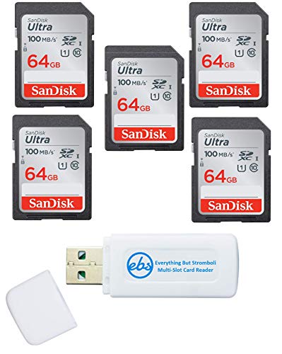 SanDisk 64GB SD Ultra Memory Card (5 Pack) UHS-I Class 10 SD Memory Card (SDSDUNR-064G-GN6IN) Bundle with (1) Everything But Stromboli Combo Card Reader