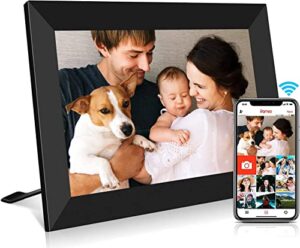 frameo smart digital picture frame wifi cloud 10.1 inch hd 1280×800 ips touch screen digital frame with 16gb storage easy setup to share photos or video via frameo app auto-rotate wall mountable black