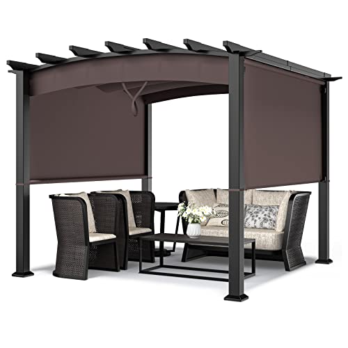 Tangkula 10ft x 10ft Outdoor Retractable Pergola, Patio Metal Pergola with Adjustable Sliding Sun Shade Canopy, Heavy-Duty Steel Frame, Patio Furniture Shelter for Backyard Garden Poolside (Brown)