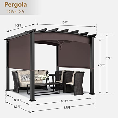 Tangkula 10ft x 10ft Outdoor Retractable Pergola, Patio Metal Pergola with Adjustable Sliding Sun Shade Canopy, Heavy-Duty Steel Frame, Patio Furniture Shelter for Backyard Garden Poolside (Brown)