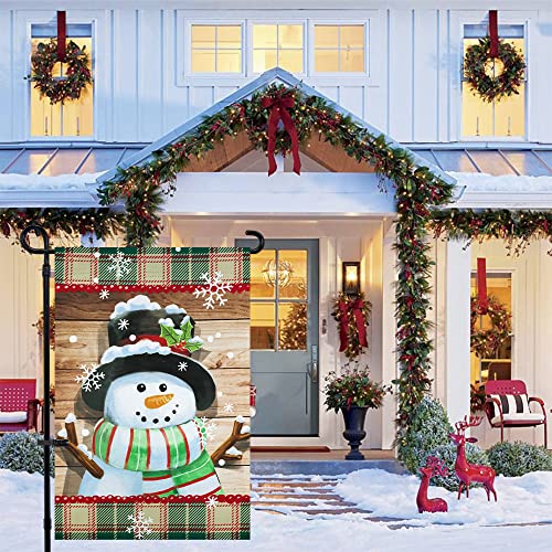 ESTTOP Snowman Christmas Garden Flag, Green Striped Scarf & Holly Polyester Vertical Double Sided 12.5x18 Inch Yard Flag, Outdoor Christmas Decorations, Farmhouse Decor for Xmas