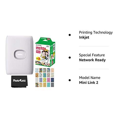 Fujifilm Instax Mini Link 2 Smartphone Printer Clay White + Fujifilm Instax Mini Twin Pack Instant Film and 20 Sticker Frames