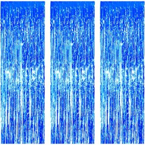 jvigue 3 pack foil curtains metallic foil fringe curtain for birthday party photo backdrop wedding event decor (blue)