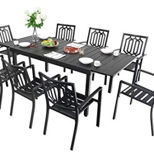 MFSTUDIO 9PCS Outdoor Patio Dining Set, 8 Steel Stackable Chairs, 1 Rectangular Expandable Table, Porch Lawn Backyard Garden Furniture Sets