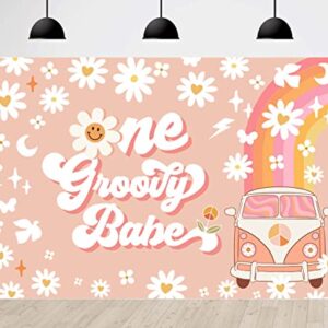 One Groovy Happy Birthday Backdrop for Girls Retro Boho 1st Birthday Party Photo Background Girl Daisy Floral Happy 1st Birthday Newborn Baby Party Decorations Cake Table Banner 7x5ft