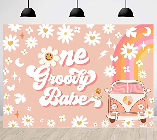 One Groovy Happy Birthday Backdrop for Girls Retro Boho 1st Birthday Party Photo Background Girl Daisy Floral Happy 1st Birthday Newborn Baby Party Decorations Cake Table Banner 7x5ft