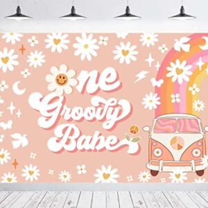 One Groovy Happy Birthday Backdrop for Girls Retro Boho 1st Birthday Party Photo Background Girl Daisy Floral Happy 1st Birthday Newborn Baby Party Decorations Cake Table Banner 7x5ft