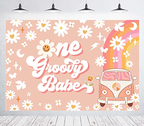 One Groovy Happy Birthday Backdrop for Girls Retro Boho 1st Birthday Party Photo Background Girl Daisy Floral Happy 1st Birthday Newborn Baby Party Decorations Cake Table Banner 7x5ft