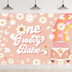 One Groovy Happy Birthday Backdrop for Girls Retro Boho 1st Birthday Party Photo Background Girl Daisy Floral Happy 1st Birthday Newborn Baby Party Decorations Cake Table Banner 7x5ft