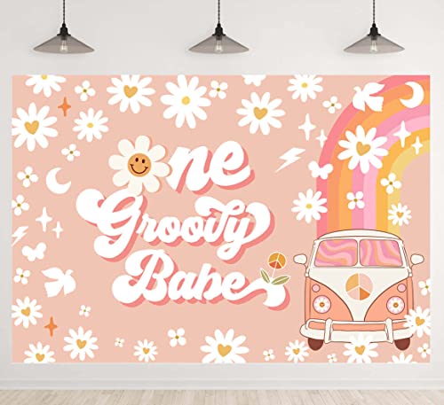 One Groovy Happy Birthday Backdrop for Girls Retro Boho 1st Birthday Party Photo Background Girl Daisy Floral Happy 1st Birthday Newborn Baby Party Decorations Cake Table Banner 7x5ft