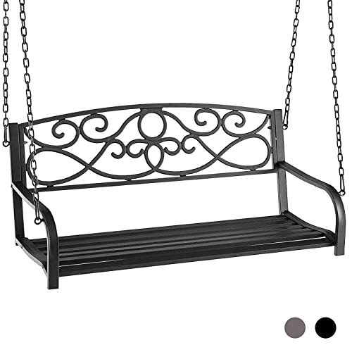 Tangkula 2 Person Hanging Porch Swing, Patio Swing Bench with Chains, Backrest & Armrests, Classic Outdoor Metal Swing Chair for Garden, Deck, Backyard (Black)