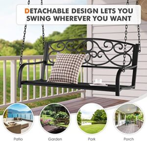 Tangkula 2 Person Hanging Porch Swing, Patio Swing Bench with Chains, Backrest & Armrests, Classic Outdoor Metal Swing Chair for Garden, Deck, Backyard (Black)