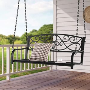 Tangkula 2 Person Hanging Porch Swing, Patio Swing Bench with Chains, Backrest & Armrests, Classic Outdoor Metal Swing Chair for Garden, Deck, Backyard (Black)