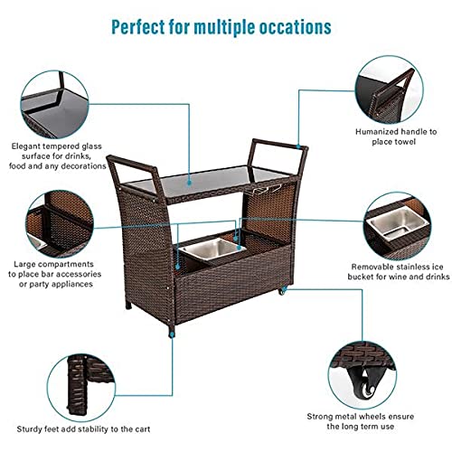 ZLXDP Outdoor Patio Furniture Set Outdoor Patio Wicker Rattan Serving Bar Cart with Ice Bucket Wine Rack Brown