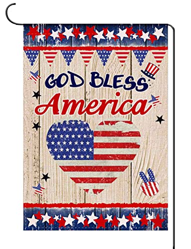 God Bless America Memorial Day Garden Flag 4th of July Independence Day Patriotic Heart Flag Burlap Double Sided Outside Yard Outdoor Decoration 12.5 x 18 Inch