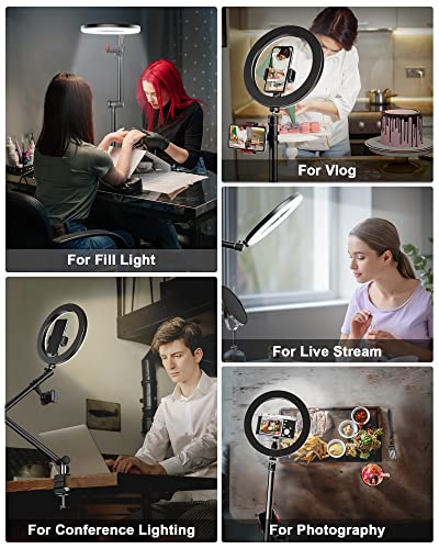 LUOLED Ring Light with Stand and Phone Holder, USB 10'' Ring Light for Desk, Overhead Camera Mount with Ring Light, Desktop Ring Light with Clamp for Photography/Makeup/Live Stream Video/YouTube