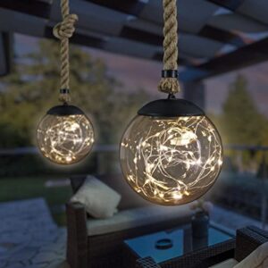 Exhart 2 Solar Hanging Ball Lights, 20 LEDs, Glass w/Rope, Durable Garden Décor Lights, 2pc, 6"x38"