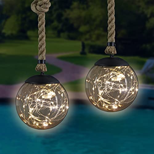 Exhart 2 Solar Hanging Ball Lights, 20 LEDs, Glass w/Rope, Durable Garden Décor Lights, 2pc, 6"x38"