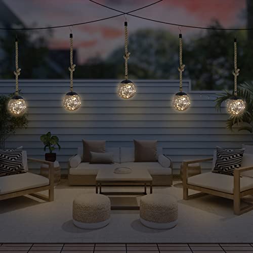 Exhart 2 Solar Hanging Ball Lights, 20 LEDs, Glass w/Rope, Durable Garden Décor Lights, 2pc, 6"x38"