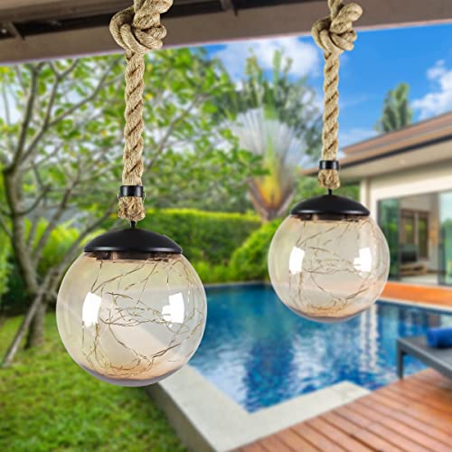 Exhart 2 Solar Hanging Ball Lights, 20 LEDs, Glass w/Rope, Durable Garden Décor Lights, 2pc, 6"x38"