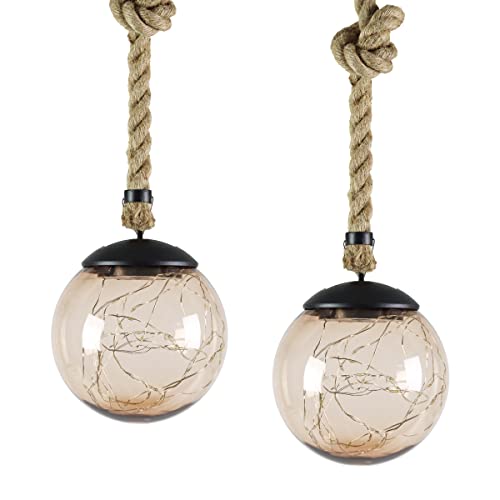 Exhart 2 Solar Hanging Ball Lights, 20 LEDs, Glass w/Rope, Durable Garden Décor Lights, 2pc, 6"x38"