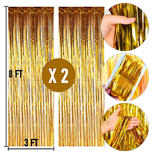 Dazzle Bright Backdrop Curtain, 3FT x 8FT Metallic Tinsel Foil Fringe Curtains Photo Booth Background for Baby Shower Party Birthday Wedding Engagement Bridal Shower (2, Gold)