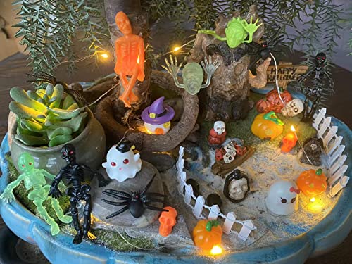 BangBangDa Miniature Halloween Fairy Garden Accessory - DIY Cake Topper Halloween Dollhouse Fall Village Terrarium Ornament Set Yard Garden Mini Skull Pumpkin Figurine Ghost Spider Witch Figurines