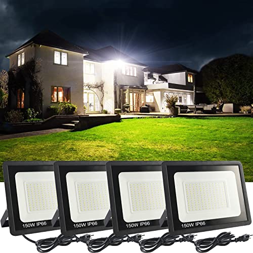 STARFISHHOME 4 Pack 150W LED Flood Light Outdoor,15500LM LED Work Light with US Plug,5000K Daylight White,IP67 Waterproof Outdoor Floodlights for Yard,Garden,Playground