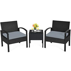 tangkula 3 piece patio conversation set, outdoor rattan sofa set with seat cushions & coffee table, patio wicker furniture set for garden balcony backyard poolside (grey)