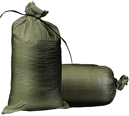 Empty Sandbags Military Green with Ties (Bundle of 10) 14" x 26" - Woven Polypropylene Sand Bags, Extra Heavy Duty Sandbags for Flooding, Sand Bags Flood Protection