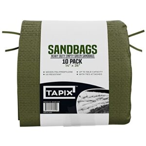 Empty Sandbags Military Green with Ties (Bundle of 10) 14" x 26" - Woven Polypropylene Sand Bags, Extra Heavy Duty Sandbags for Flooding, Sand Bags Flood Protection