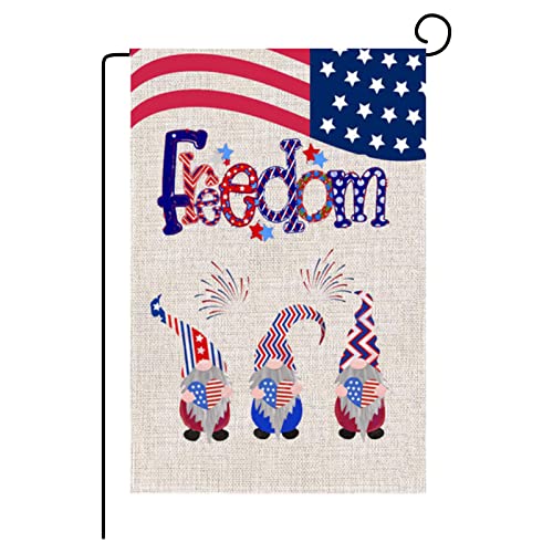 ITNOTC Garden Flags Patriotic, American flag American Gnome God Bless Freedom Independence Day Memorial Day Yard Decor Welcome House Flag Vertical Burlap Yard Flags for Outdoor Decorations 12 x 18 Inch