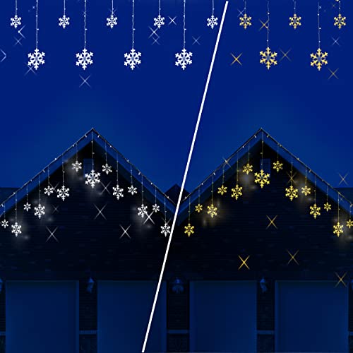 Christmas Snowflake Lights，13.9ft 192 LED Warm White & White Color Changing Snowflake Icicle Lights with 16 Drops，11 Modes Christmas Fairy Lights for Christmas Garden Patio Eave Roof Wall Decorations